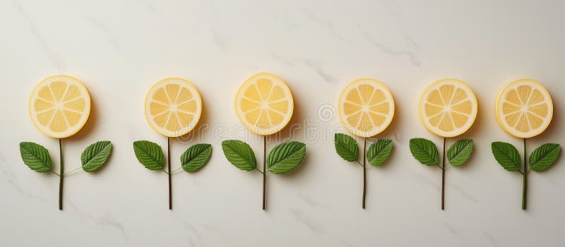 Minimalist 3D Render of Lemon Slice and Mint Leaf Flowers in a Linear ...