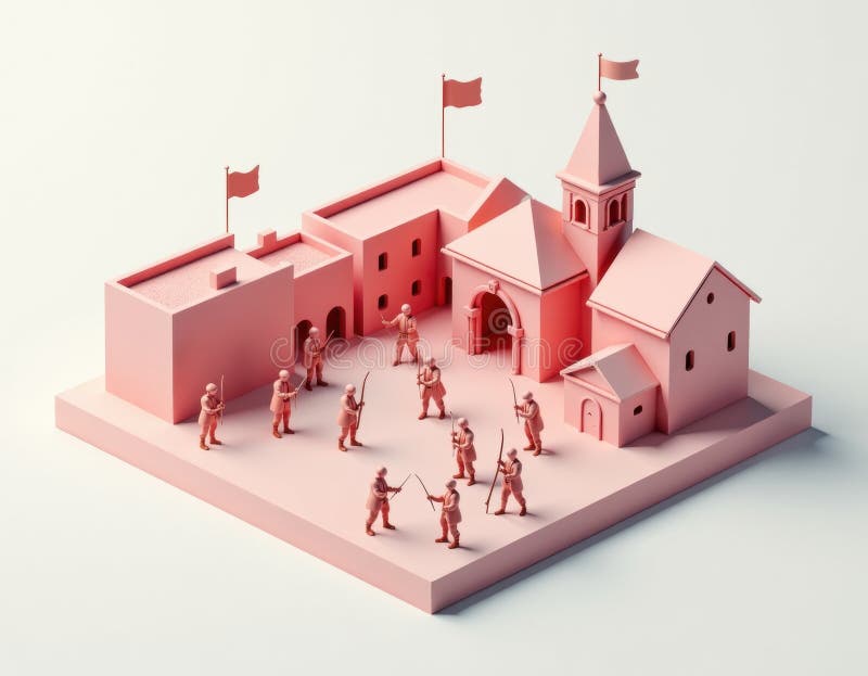 Minimalist 3D Render of Medieval Siege Pink Town Under Attack Stock ...