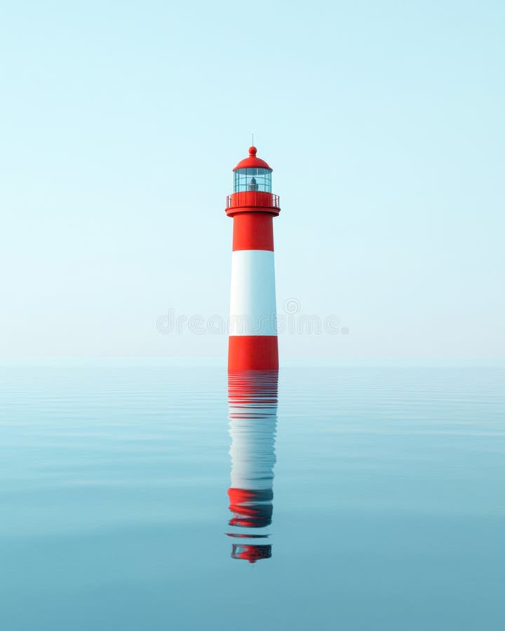 Minimalist 3D Render of a Red and White Lighthouse in a Calm Sea ...