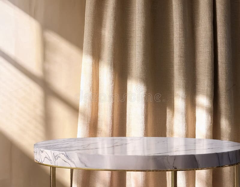 Minimalist 3D Render: White Marble Table with Draped Curtains and Beige ...