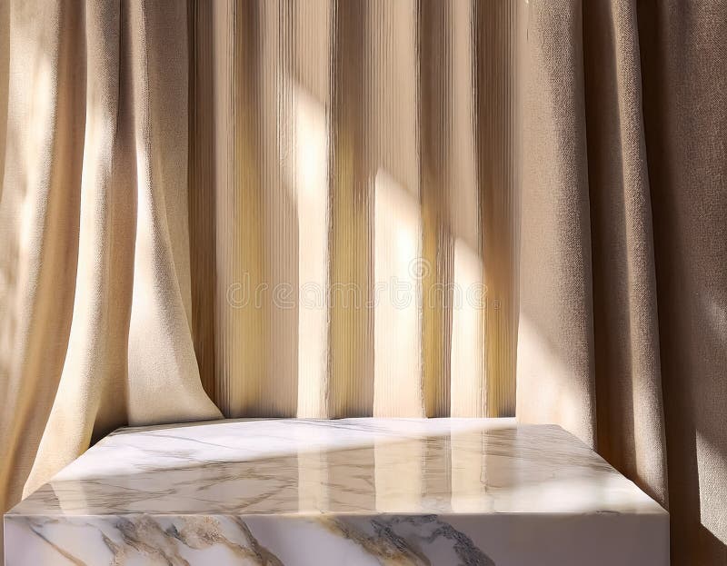Minimalist 3D Render: White Marble Table with Draped Curtains and Beige ...
