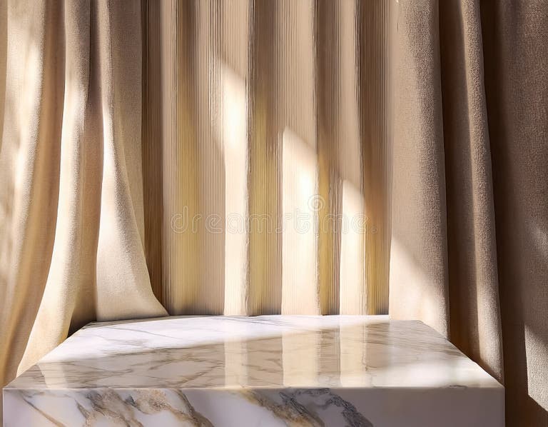 Minimalist 3D Render: White Marble Table with Draped Curtains and Beige ...