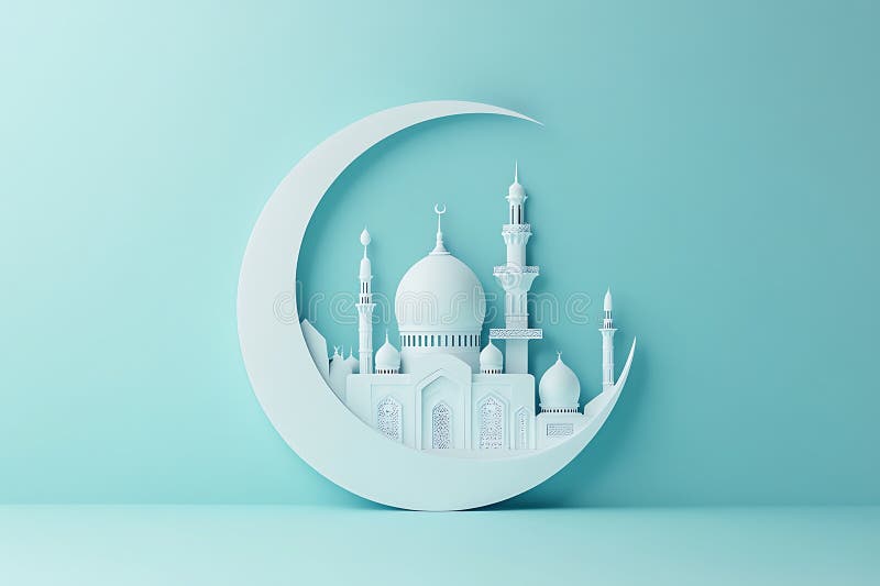 A Minimalist 3d Rendering of a Mosque and Crescent Moon Against a Soft ...