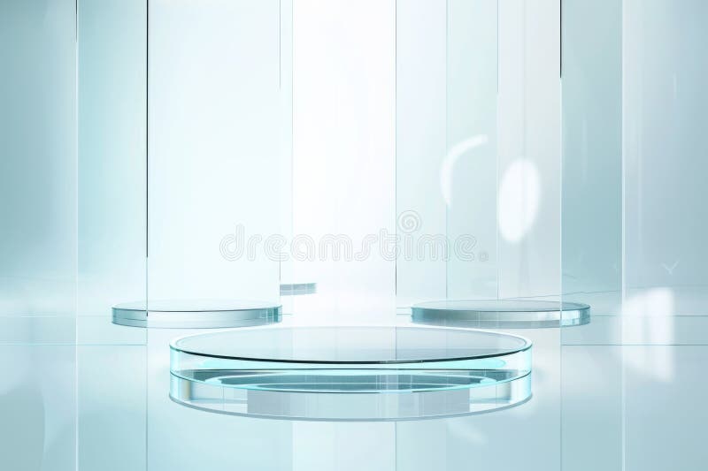 A Minimalist 3D Rendering of Three Glass Platforms Against a White ...