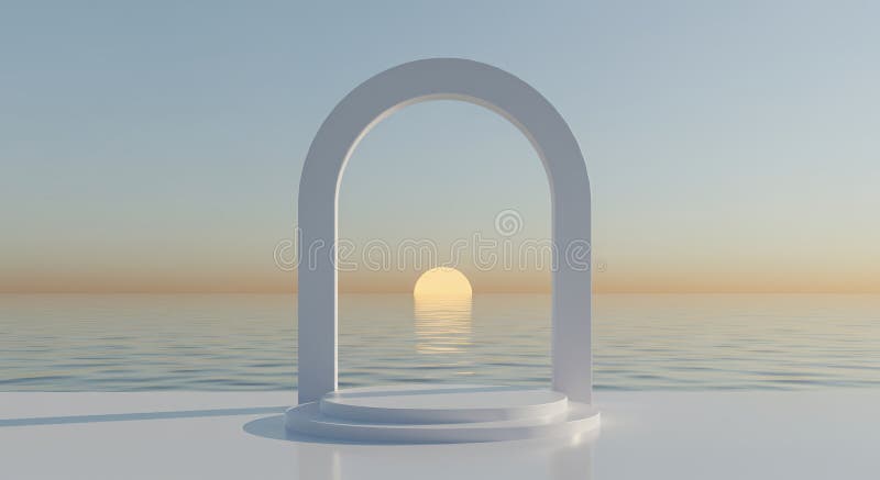 White Minimalist Archway with Ocean Sunrise and Platform Stock ...