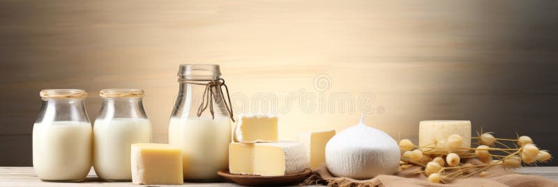 Minimalist Dairy Display with Milk, Assorted Cheeses Stock Illustration ...