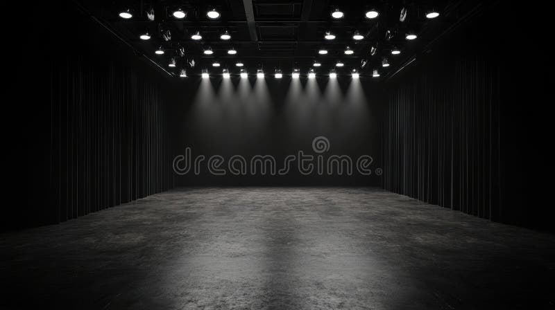 A Minimalist, Dark Empty Stage with Black Curtains and Multiple Overhead Spotlights, Creating a ...