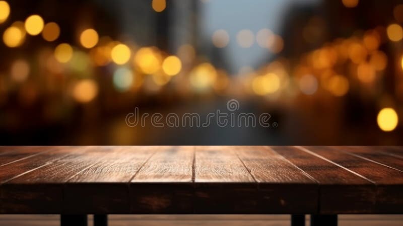 Minimalist Dark Wooden Table in Front of Restaurant Bokeh Backdrop ...