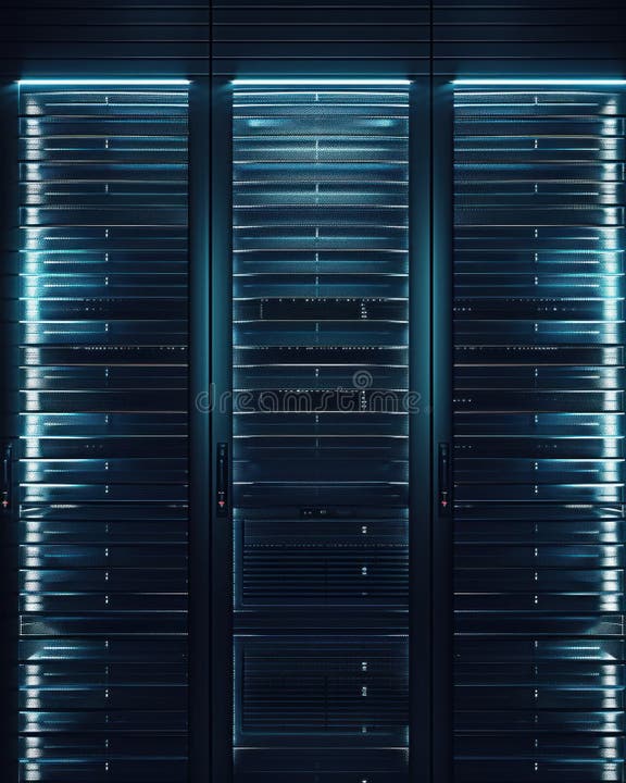 Minimalist Data Center: Row of Glowing Cool Blue Server Rack Outlines ...