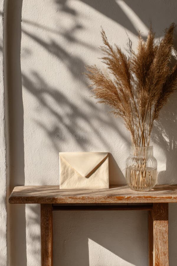 Minimalist Decor with Envelope and Pampas Grass on Rustic Table Stock ...