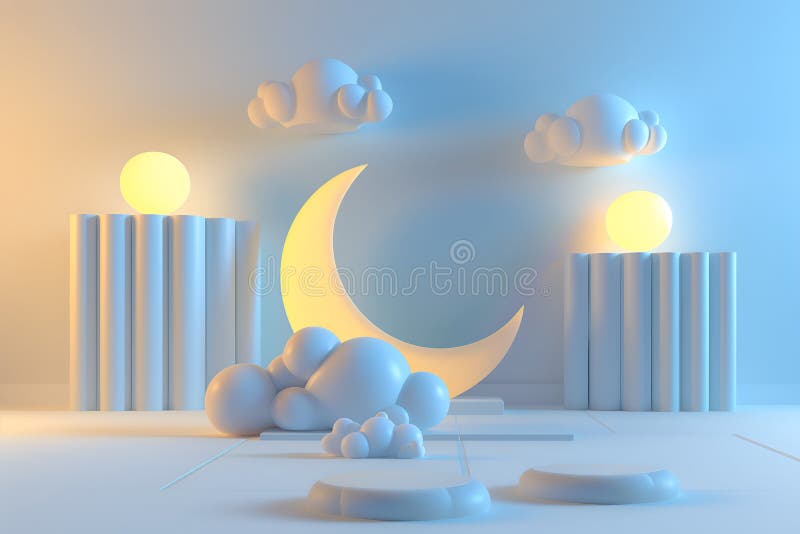 A Minimalist Decor Featuring a Glowing Half Moon, Stylized Clouds, and ...