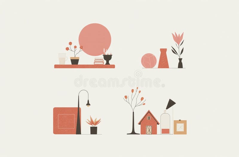 Minimalist Decor Objects and Plants on Shelves, Simple Flat Design ...
