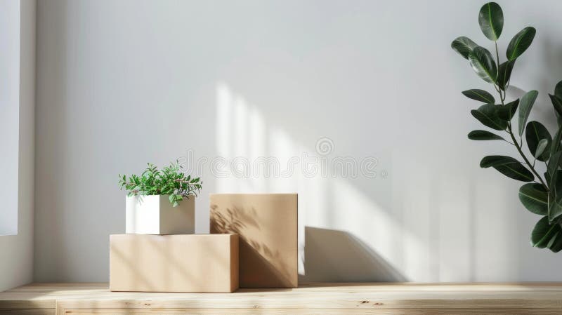 Minimalist Decor with Plant and Boxes in Sunlight Stock Photo - Image ...