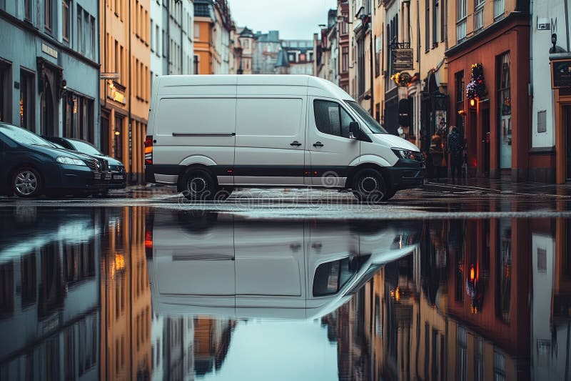 A Minimalist Delivery Van Reflected in a Puddle on a Rainy Street Stock ...