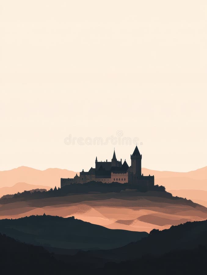 Minimalist Depiction of an Ancient Castle on a Hilltop at Sunset with ...