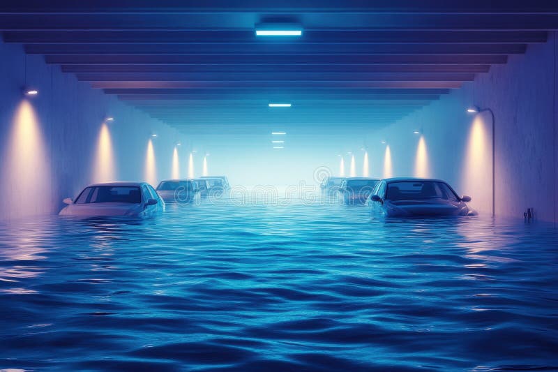 Minimalist Depiction of a Flooded Parking Garage after a River Overflow ...