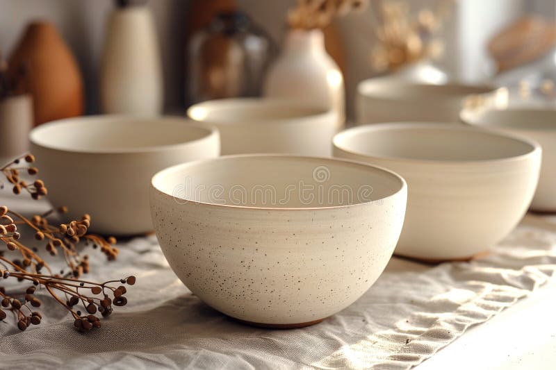 Minimalist Design of Ceramic Bowls on Table in Kitchen. Subtle Texture ...