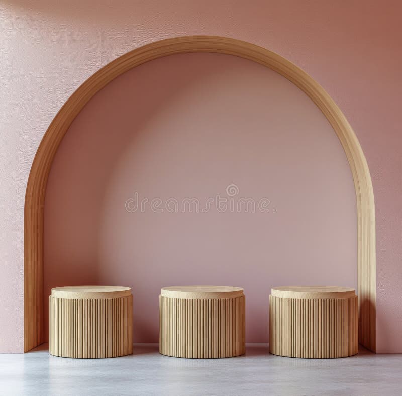 Minimalist Design Featuring Three Round Tables Against a Soft Pink Arch ...