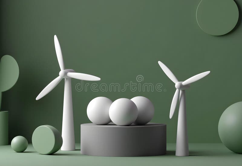 Minimalist Design Featuring Wind Turbines and Spheres in Green Setting ...