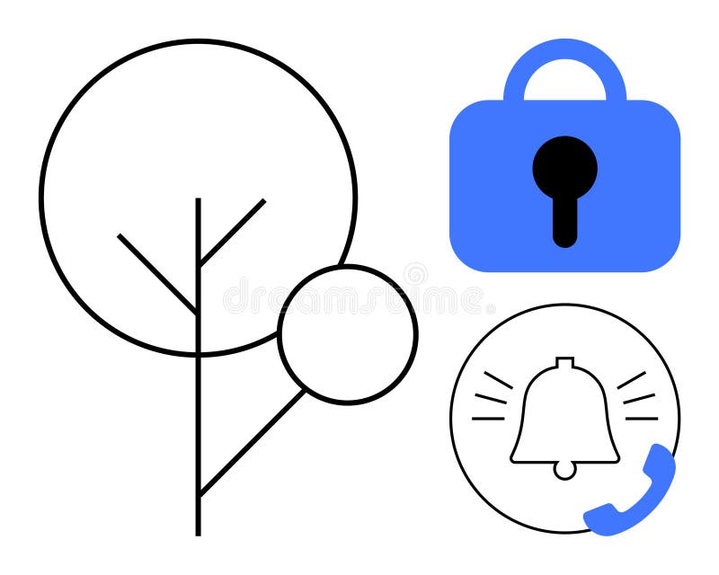 Minimalist Design Featuring a Tree, Padlock, and Notification Bell with ...