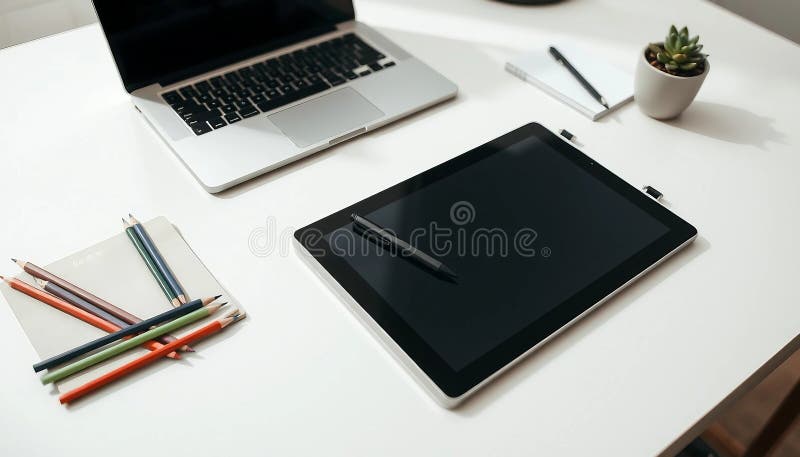Minimalist Designer Desktop. Graphics Tablet with Stylus. Slim Notebook ...