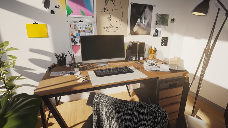Minimalist Designer Workspace with Art and Sketches on the Wall ...
