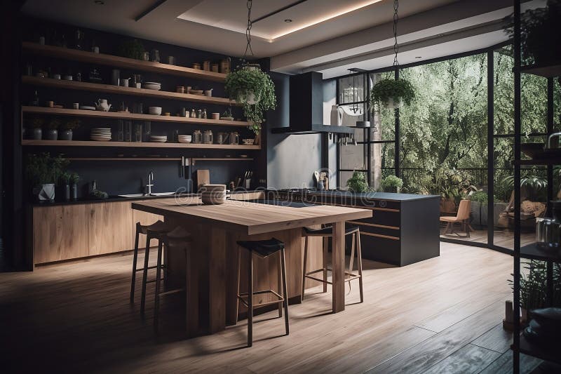 Minimalist Desing Kitchen Interior with Garden Outside Stock ...
