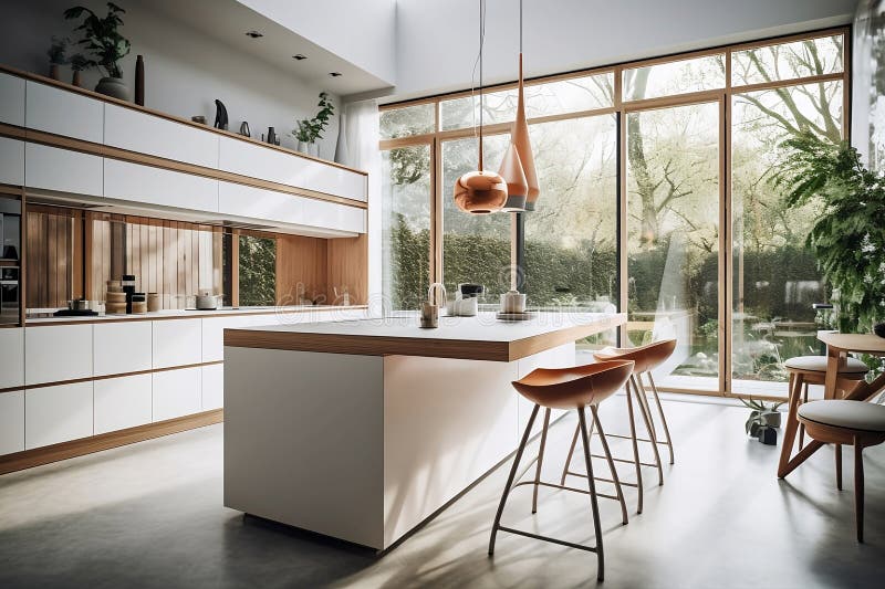 Minimalist Desing Kitchen Interior with Garden Outside Stock ...