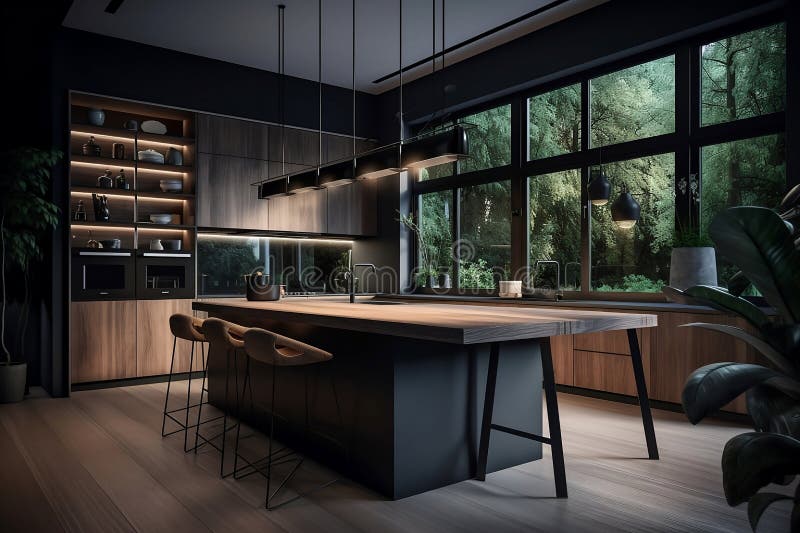 Minimalist Desing Kitchen Interior with Garden Outside Stock ...
