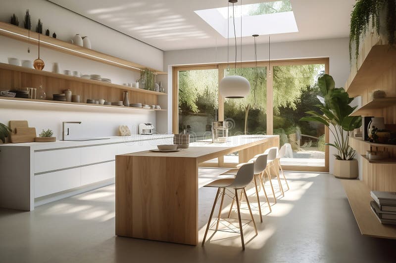 Minimalist Desing Kitchen Interior with Garden Outside Stock ...