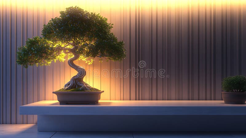 Minimalist Desk with a Calming Zen Garden and Bonsai Tree Under Soft ...