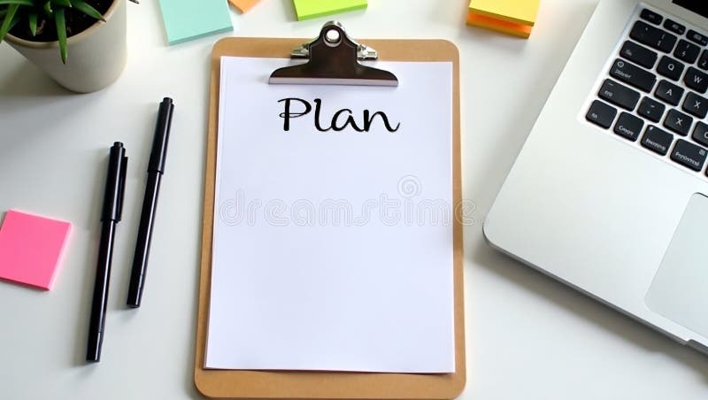 Minimalist Desk with Plan Notepad Pens Sticky Notes and Laptop Stock ...