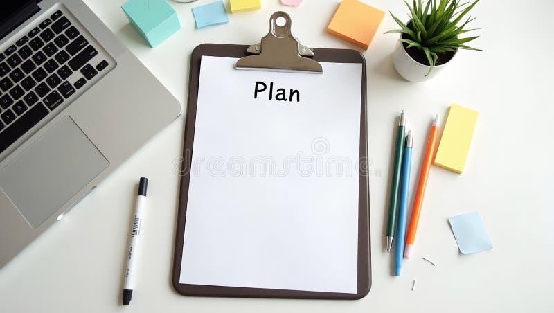 Minimalist Desk with Plan Notepad Pens Sticky Notes and Laptop Stock ...