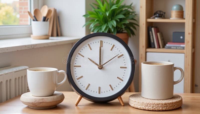 Minimalist Desk Setup with Clock and Tea in Cozy Home Office ...