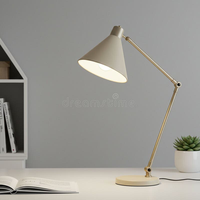 A Minimalist Desk Setup Features a Beige Adjustable Desk Lamp with a ...
