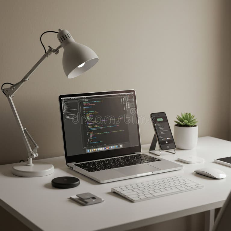 A Minimalist Desk Setup Features a Laptop Displaying Code, Suggesting a Programming Stock ...