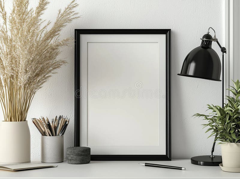 Minimalist Desk Setup Featuring a Blank Frame, Natural Elements, and a ...