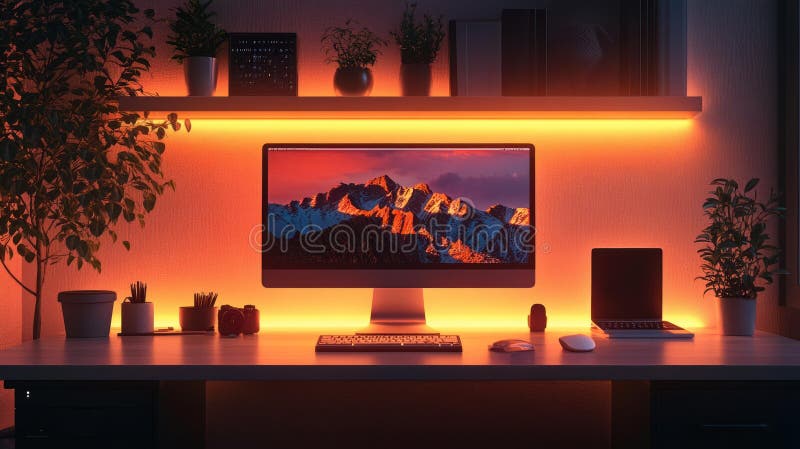 Minimalist Desk Setup with Glowing LED Lighting and Computer Screen ...