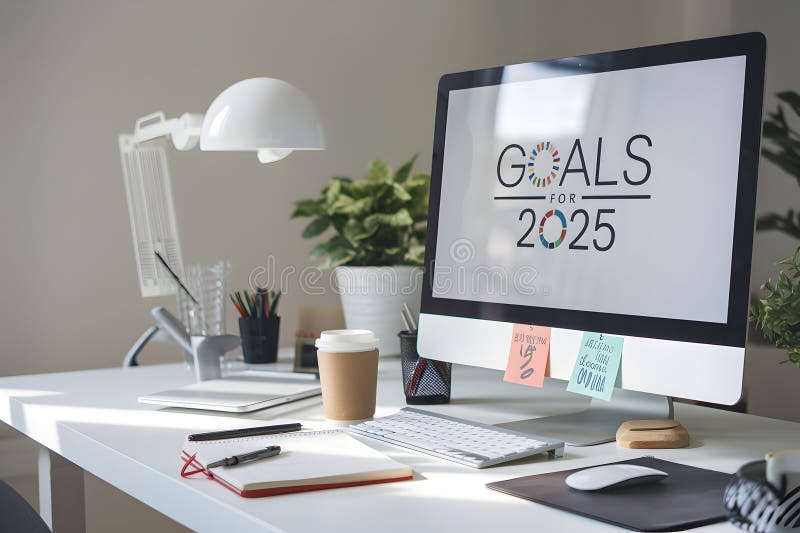 Minimalist Desk Setup with 2025 Goals Screen, Evokes Focus and ...