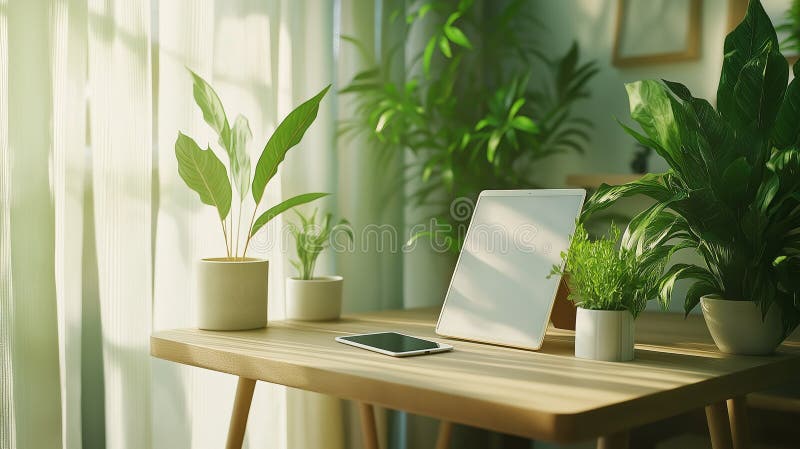 Minimalist Desk Setup in a Home Office with Plants, a Tablet, and ...
