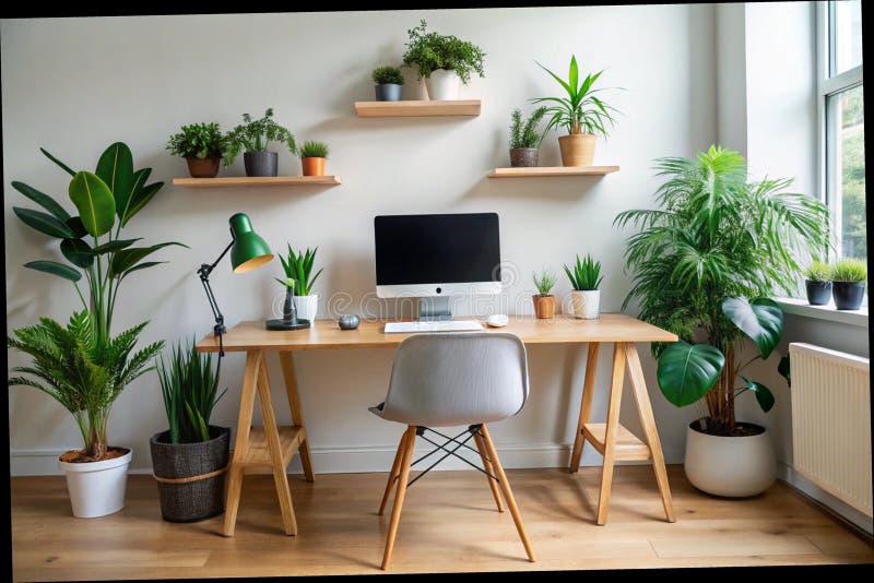 Minimalist Desk Setup with a Modern Computer and House Plants Stock ...