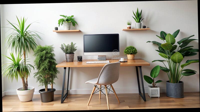 Minimalist Desk Setup with a Modern Computer and House Plants Stock ...