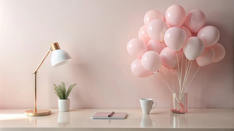 A Minimalist Desk Setup with Pink Balloons and a Desk Lamp. Generative ...