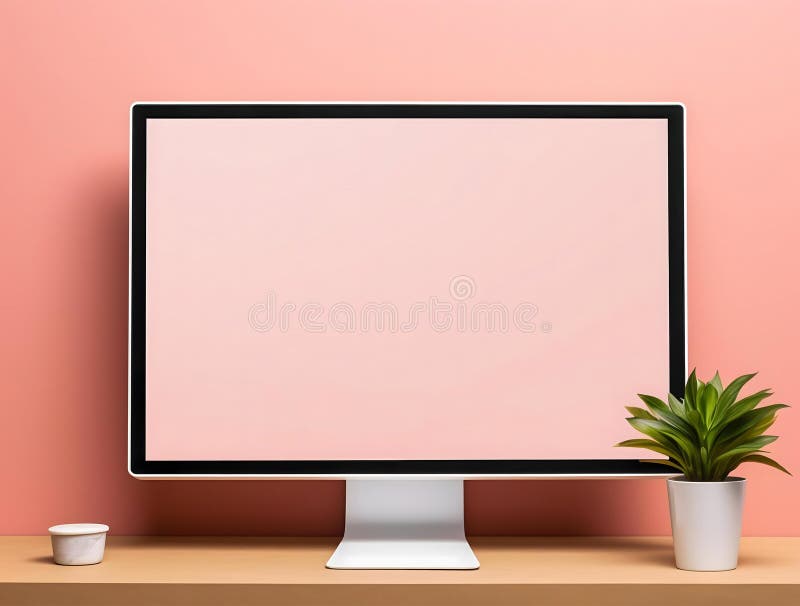 Minimalist Desk Setup with Pink Computer Screen Stock Illustration ...