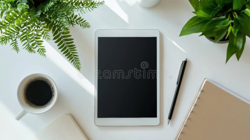 Minimalist Desk Setup with Tablet and Notebook Stock Illustration - Illustration of casual ...