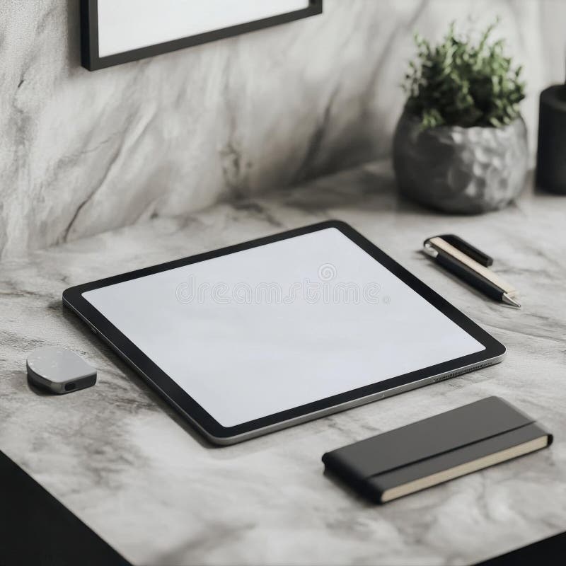 Minimalist Desk Setup with Tablet, Pen, and Notebook Stock Illustration - Illustration of ...