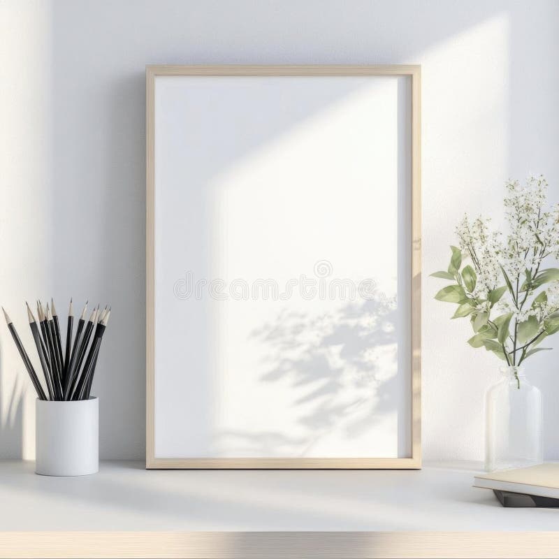 Minimalist Desk Setup with Wooden Frame and White Flowers Stock ...