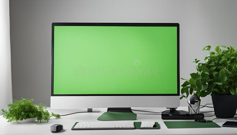 Minimalist Desktop with Green Screen Computer Stock Illustration ...