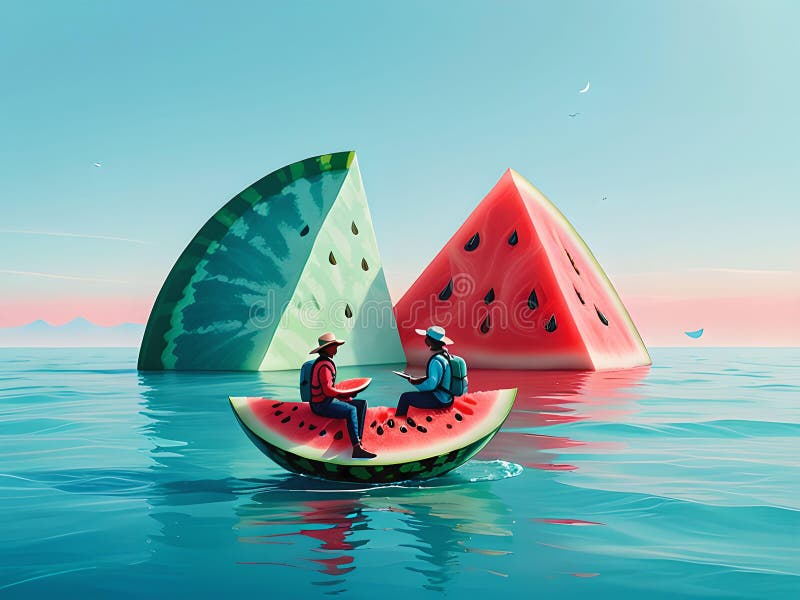 Minimalist Digital Illustration: Two Tiny Explorers on a Floating ...