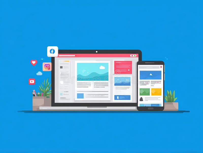 Minimalist Digital Workspace Setup on a Light Blue Background with Open ...